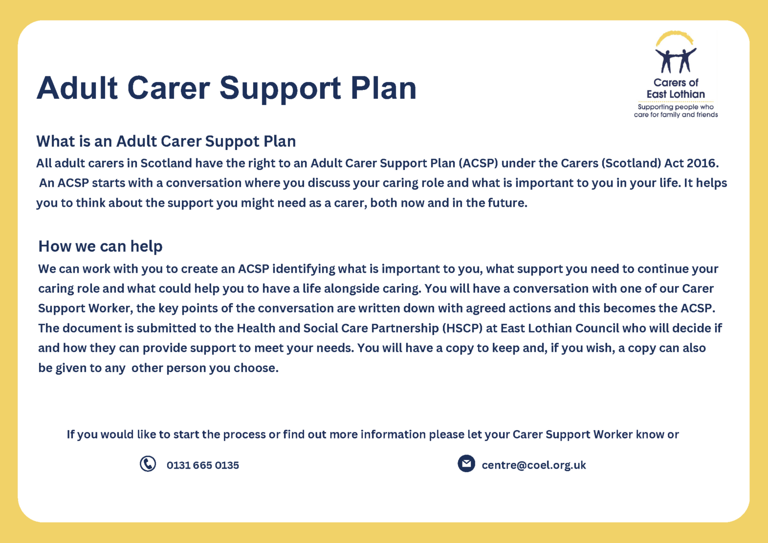 Adult Carer Support Plan - Carers of East Lothian